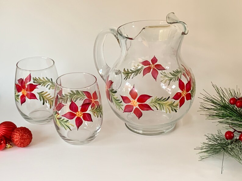 Hand Painted Glass Pitcher Set With Christmas Poinsettia, Holiday ...