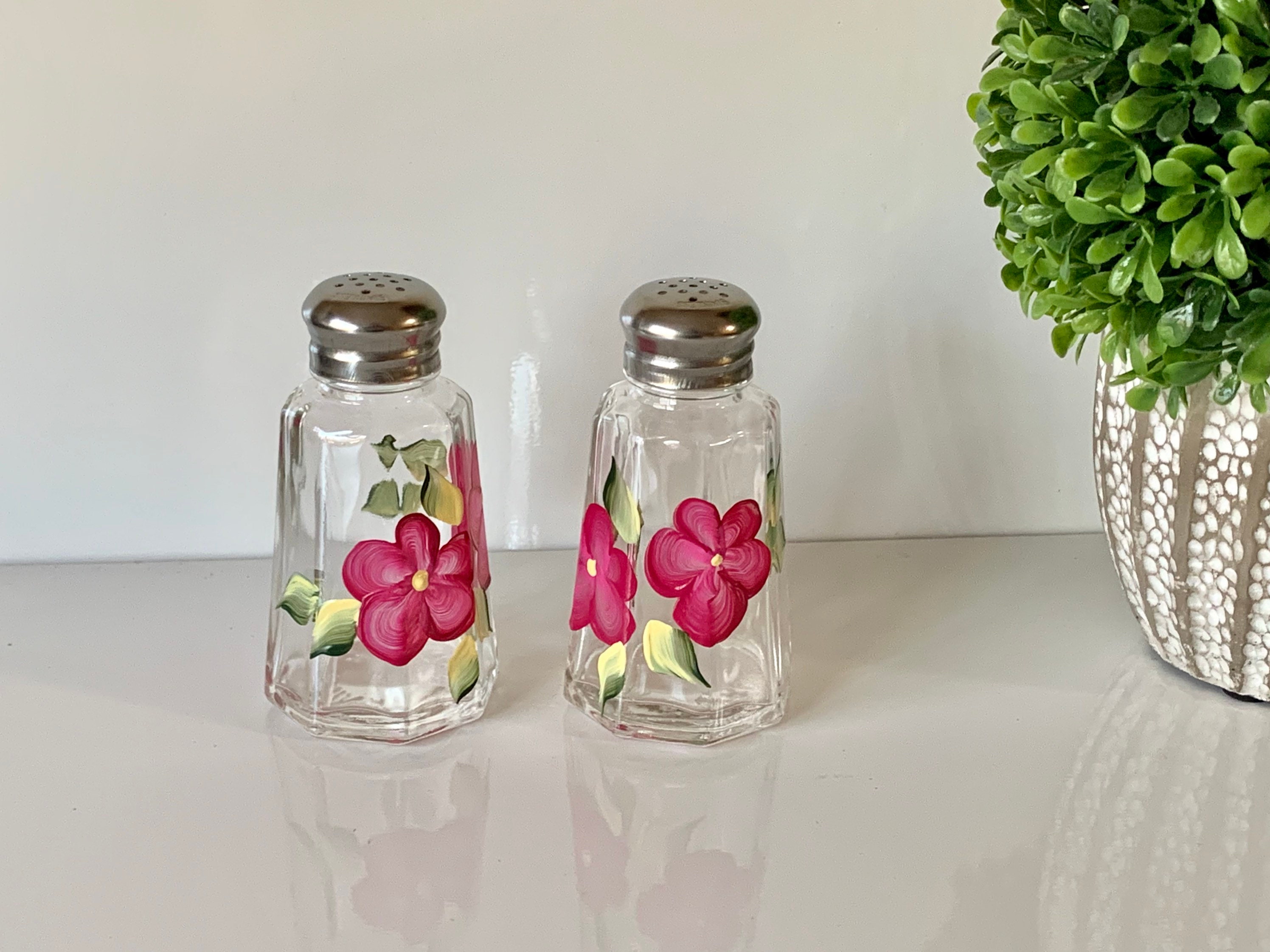 Hand Painted Salt and Pepper Shakers, Magenta Floral Glass Shaker Set ...
