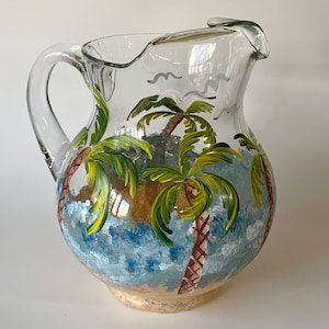 Hand Painted Glass Pitcher Set, Ocean Scene, Tropical Pitcher Set, Palm ...