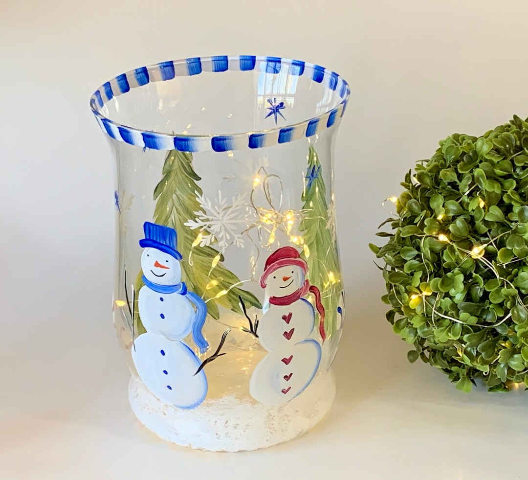 Painted Glass Vase or Candle Holder With Snowman and Snow - Etsy