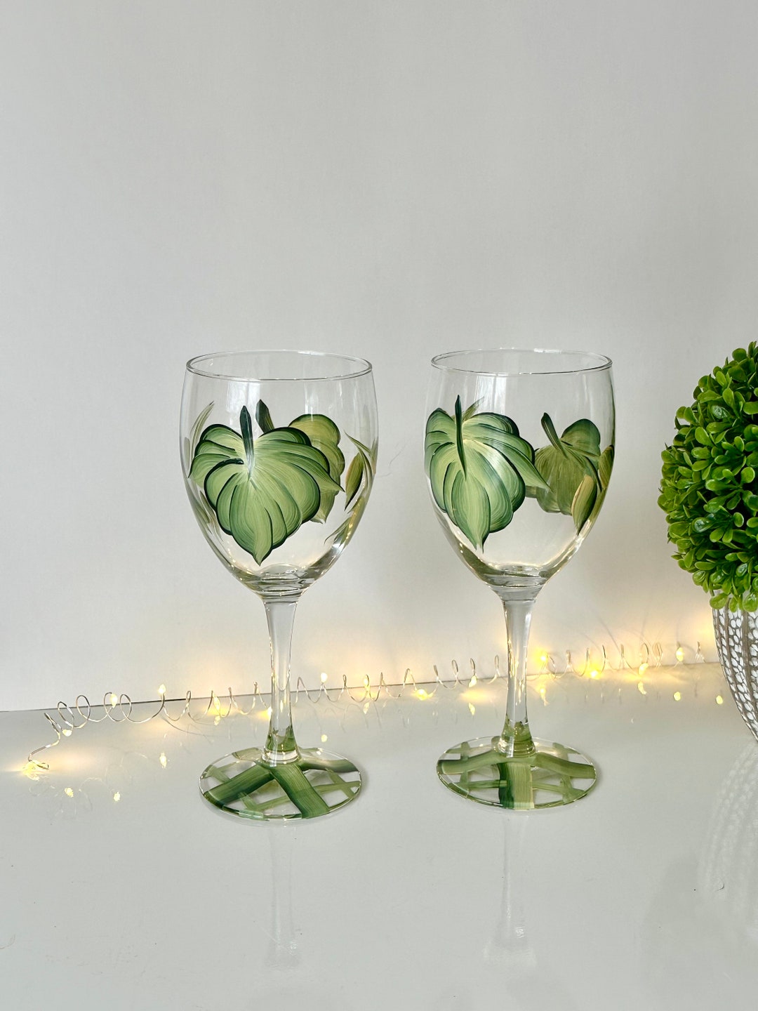Hand Painted Wine Glasses Sage Green Leaves, Nature Lover Wine Goblet ...