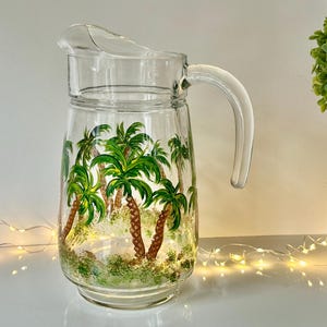 Palm Trees Glass Pitcher, Large Glass Tropical Pitcher, Water Sangria ...
