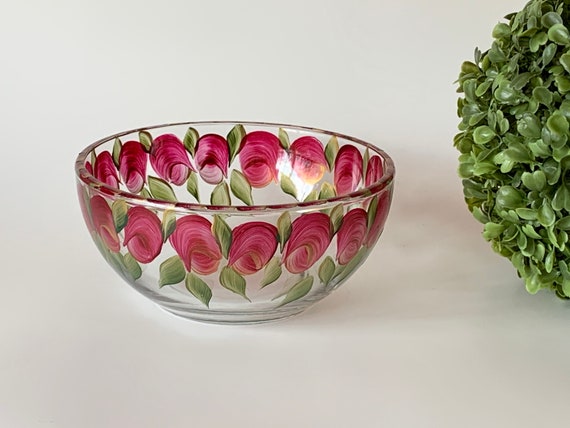 Painted bowl with rose buds glass bowl painted glass soup | Etsy