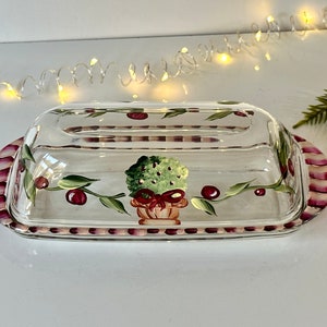 Christmas Glass Butter Dish With Lid, Winter Berry Candy Cane ...