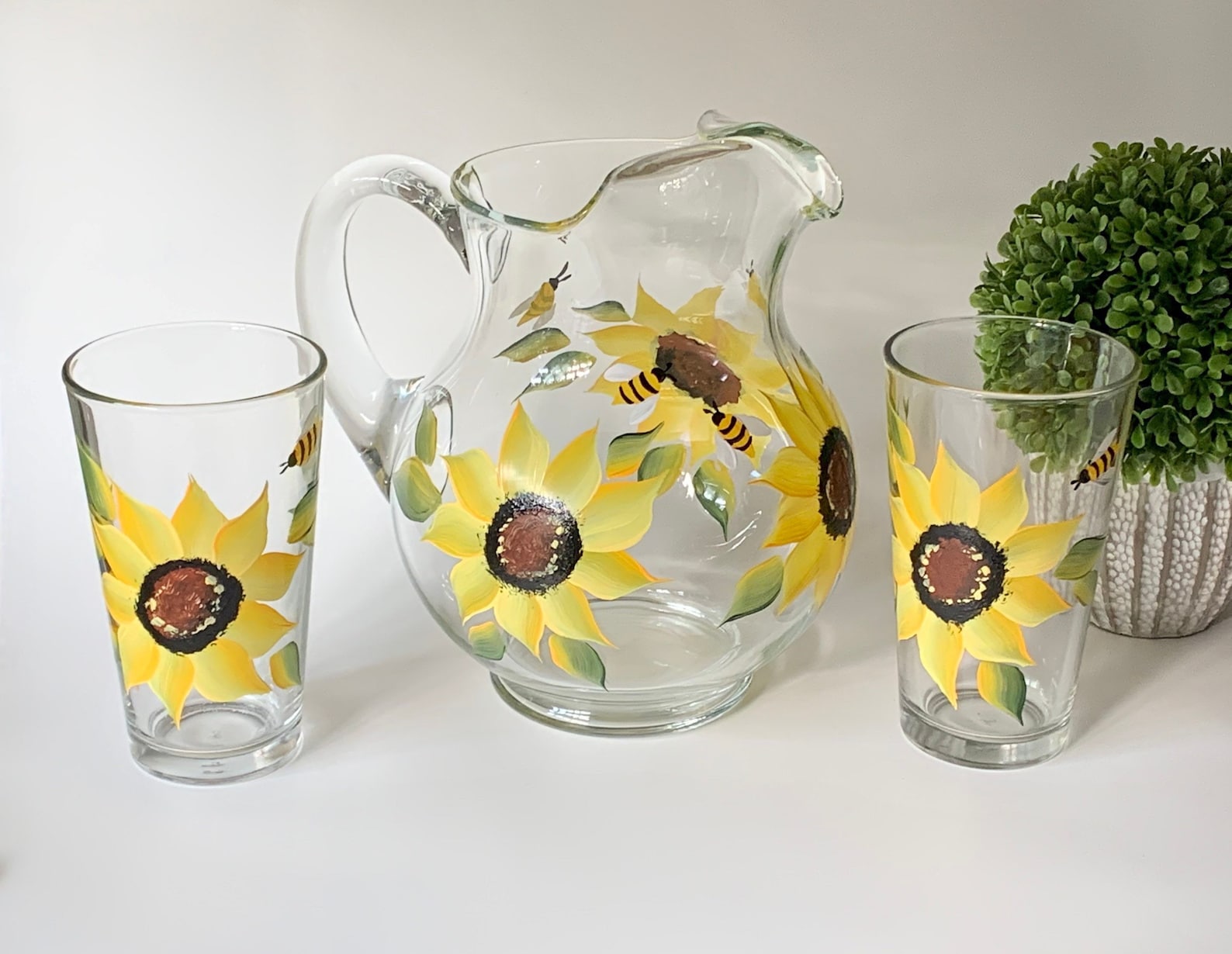 Hand Painted Glass Pitcher Sunflowers Bees, Sangria Pitcher Godmother ...