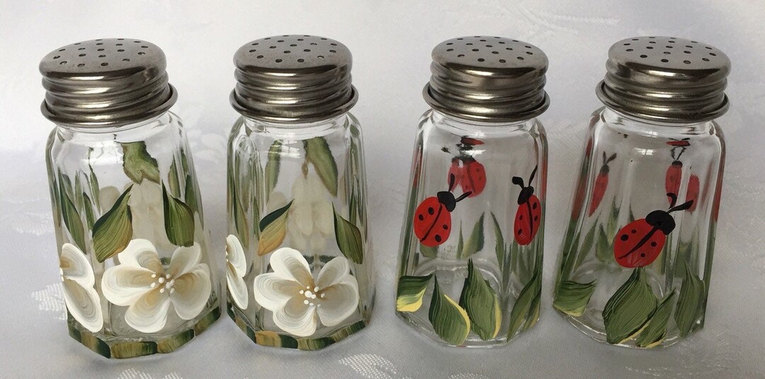 Hand Painted Glass Salt and Pepper Shakers, White Flower Shakers ...