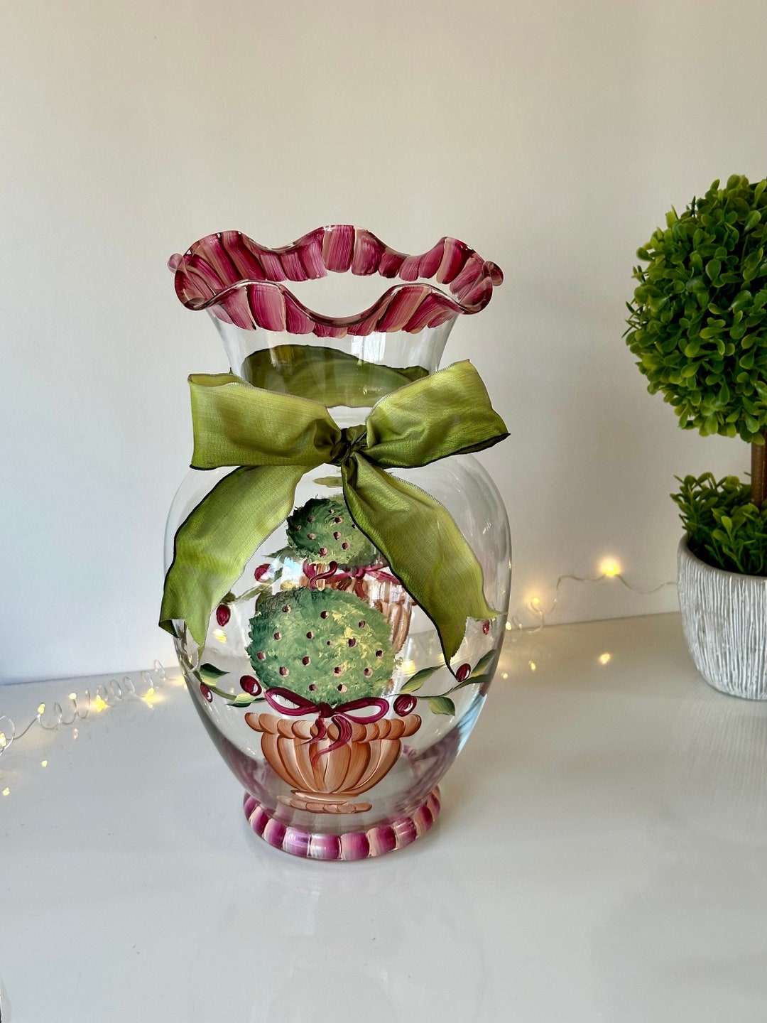 Painted Topiary Vase Whimsical Christmas, Painted Holiday Vase Table ...