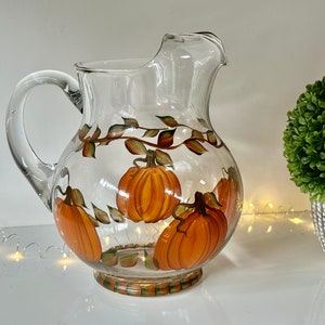 Hand Painted Pumpkin Pitcher Set, Fall Glass Pitcher, Orange Pumpkin ...