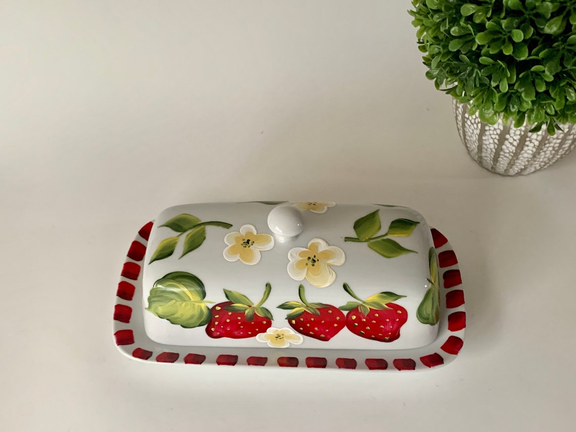 Hand Painted Ceramic Butter Dish Strawberry Butter Dish With - Etsy