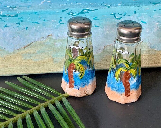 Tropical Palm Tree Salt Pepper Shakers, Coastal Shakers, Painted Glass ...