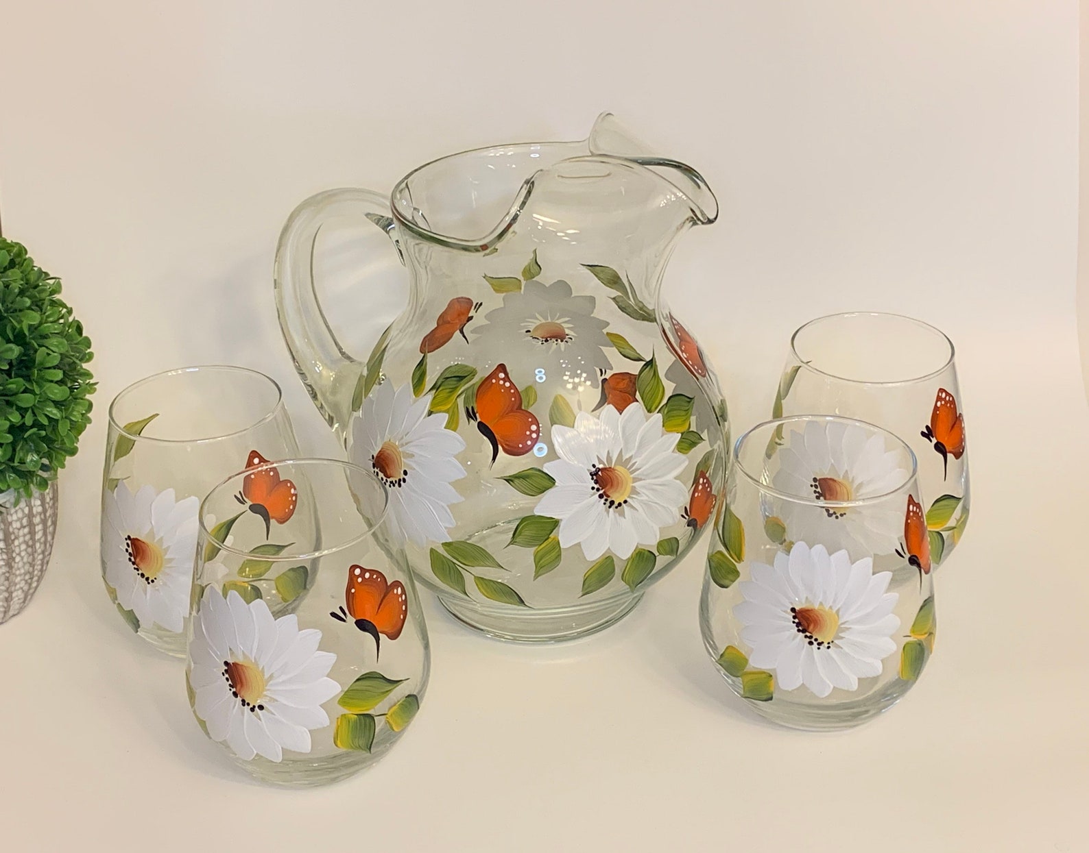 Butterfly Glass Pitcher Set, Painted Stemless Wine Glasses Daisy ...