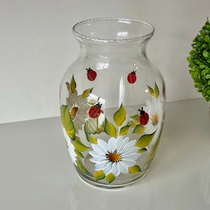 Painted Vase White Daisy Cute Ladybugs, Glass Flower Vase, Housewarming ...