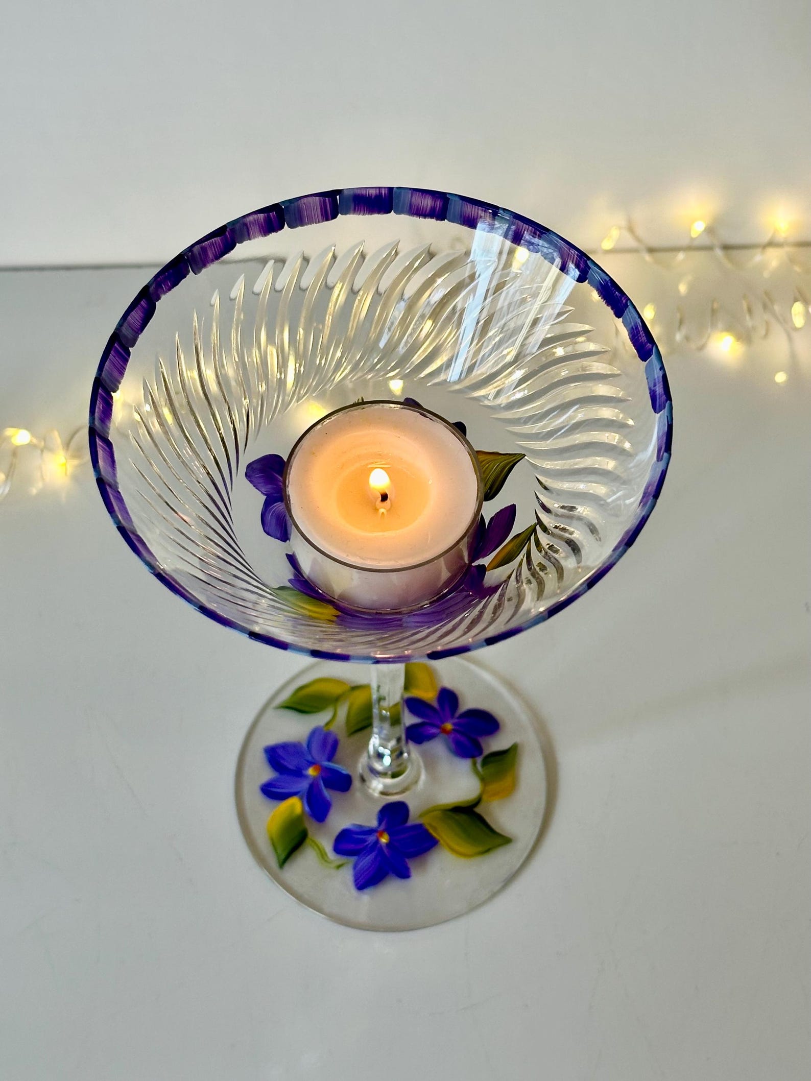 Painted Candle Holder Violets Butterflies Centerpiece, Roommate Gift ...