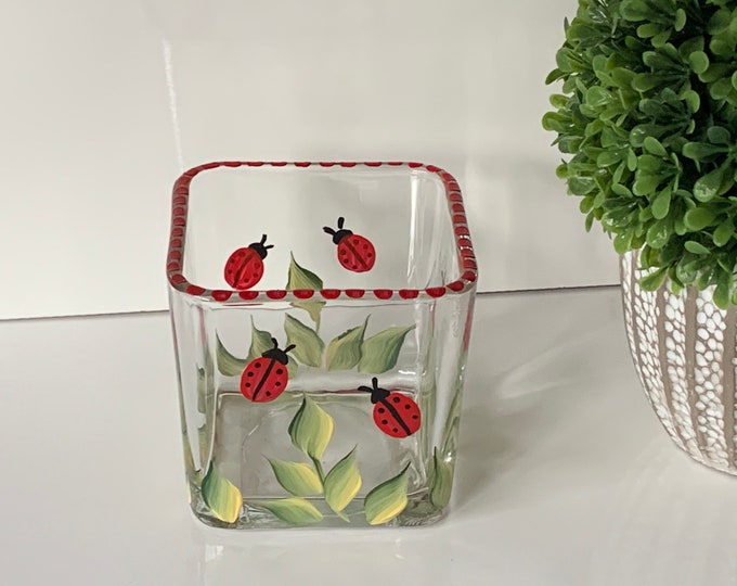 Ladybugs Candle Holder, Painted Glass Ladybug Kitchen Decor, Ladybug ...