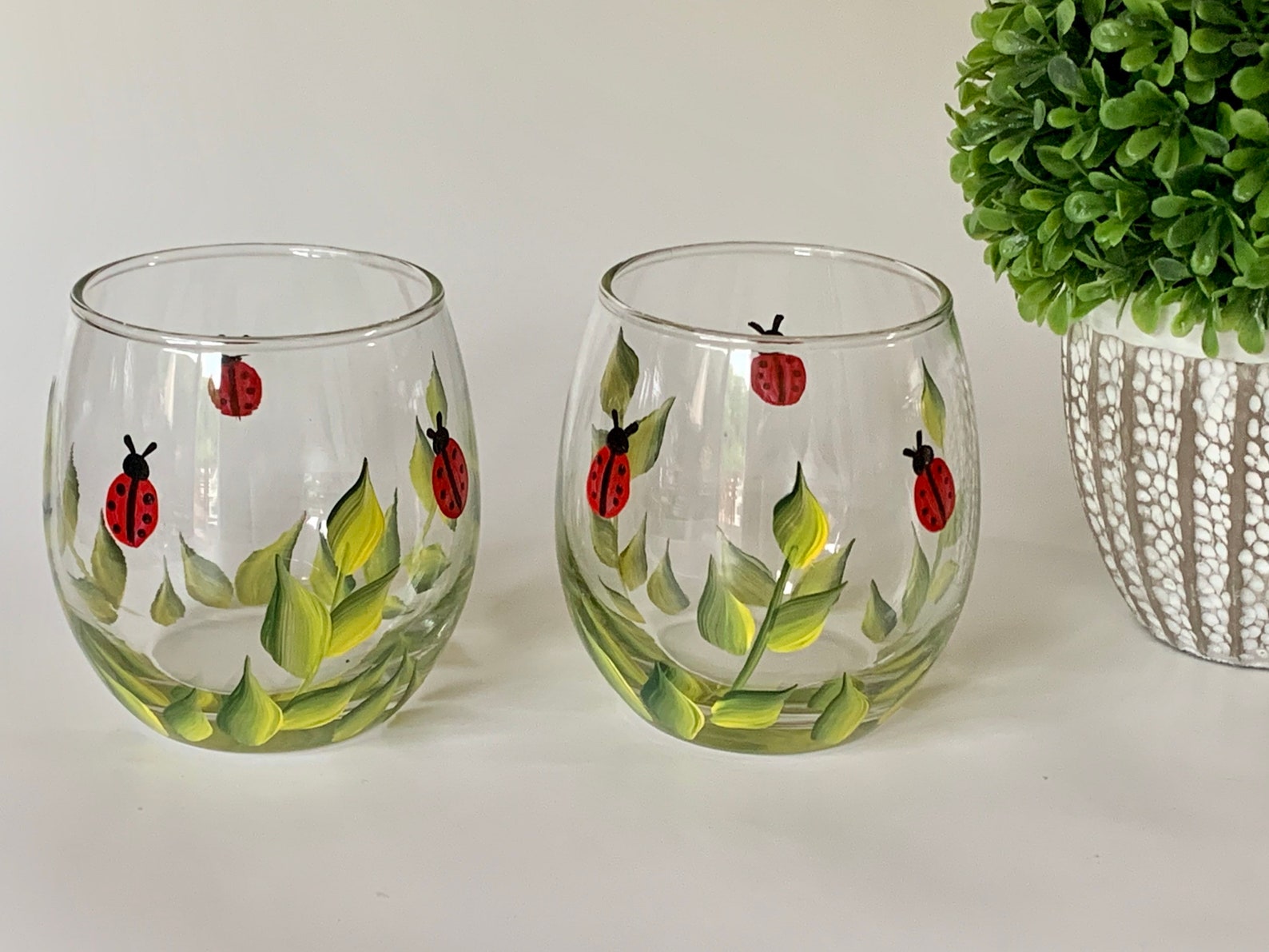 Painted Wine Glasses, Stemless Ladybugs, Valentines Gift, Painted ...