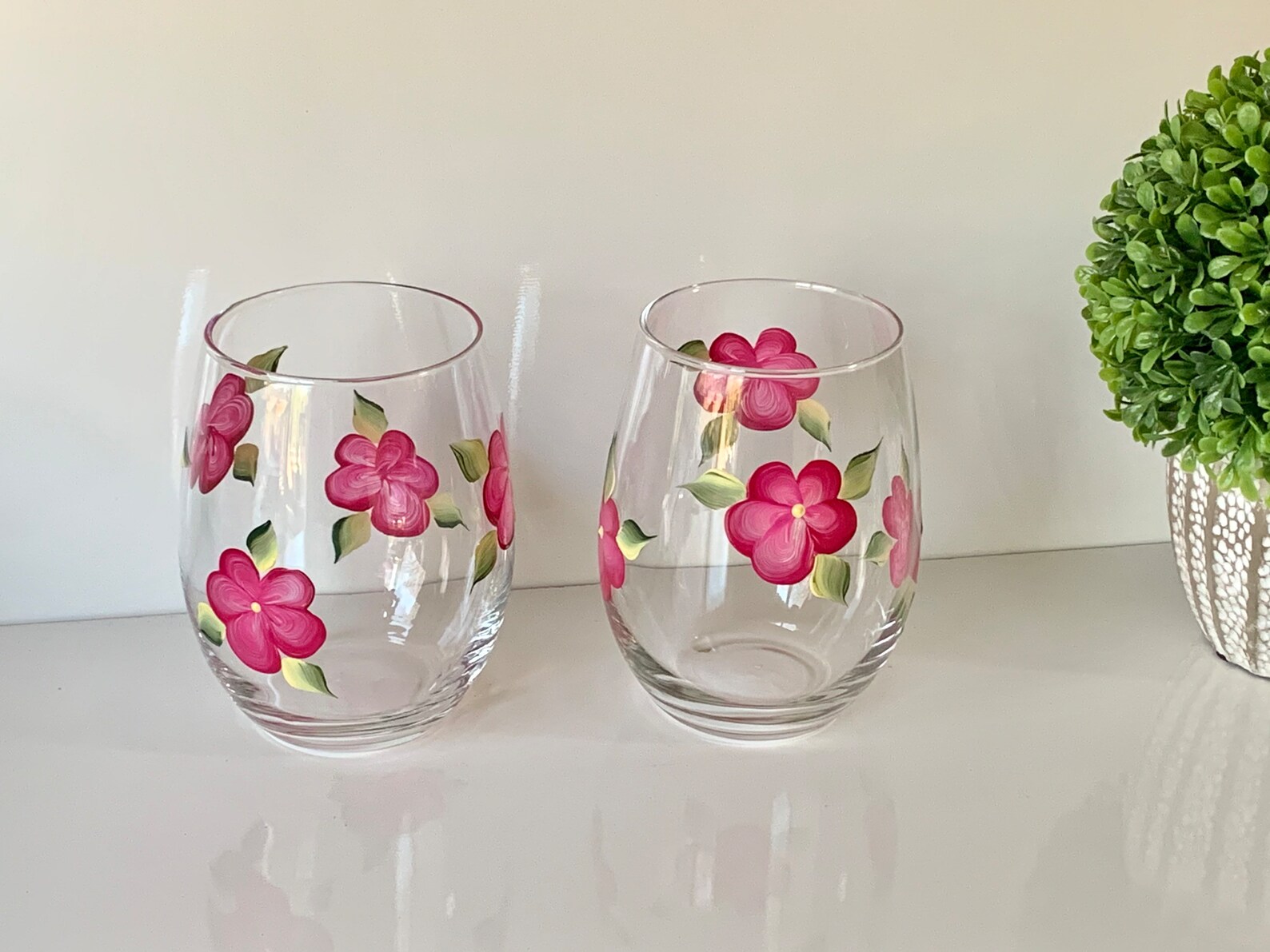 Painted Wine Glasses Magenta Flowers, 21st Birthday Gift for Her, Wine ...