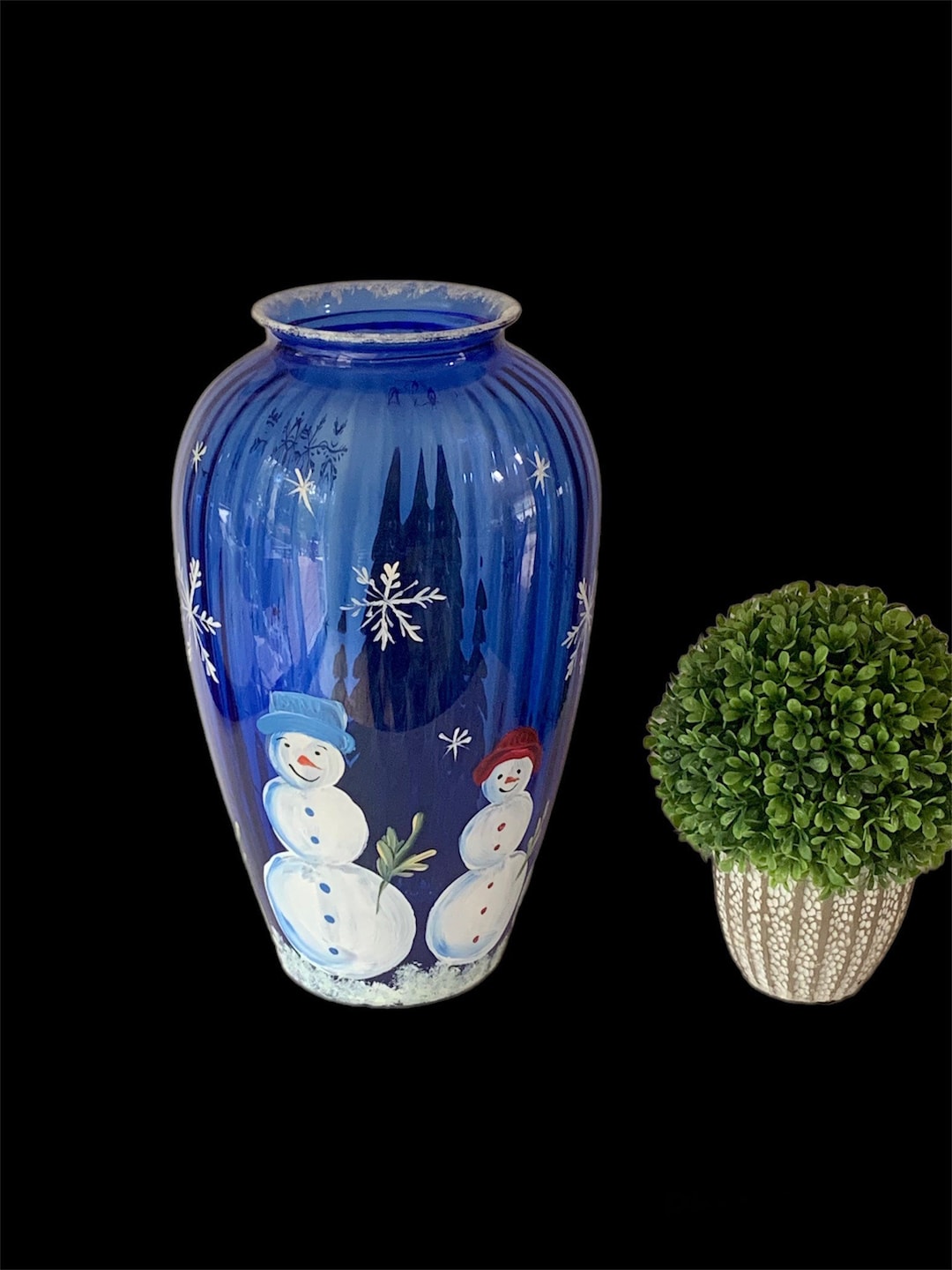 Painted Blue Vase Winter Snowman Family Snowflakes Christmas Tree ...