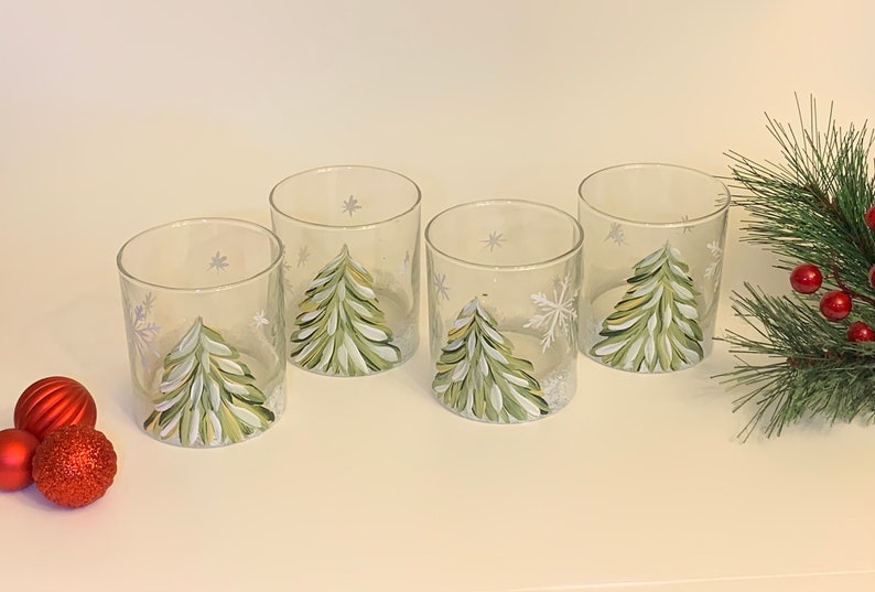 Painted Glass Pitcher Set With Winter Trees, Holiday Pitcher, Christmas ...