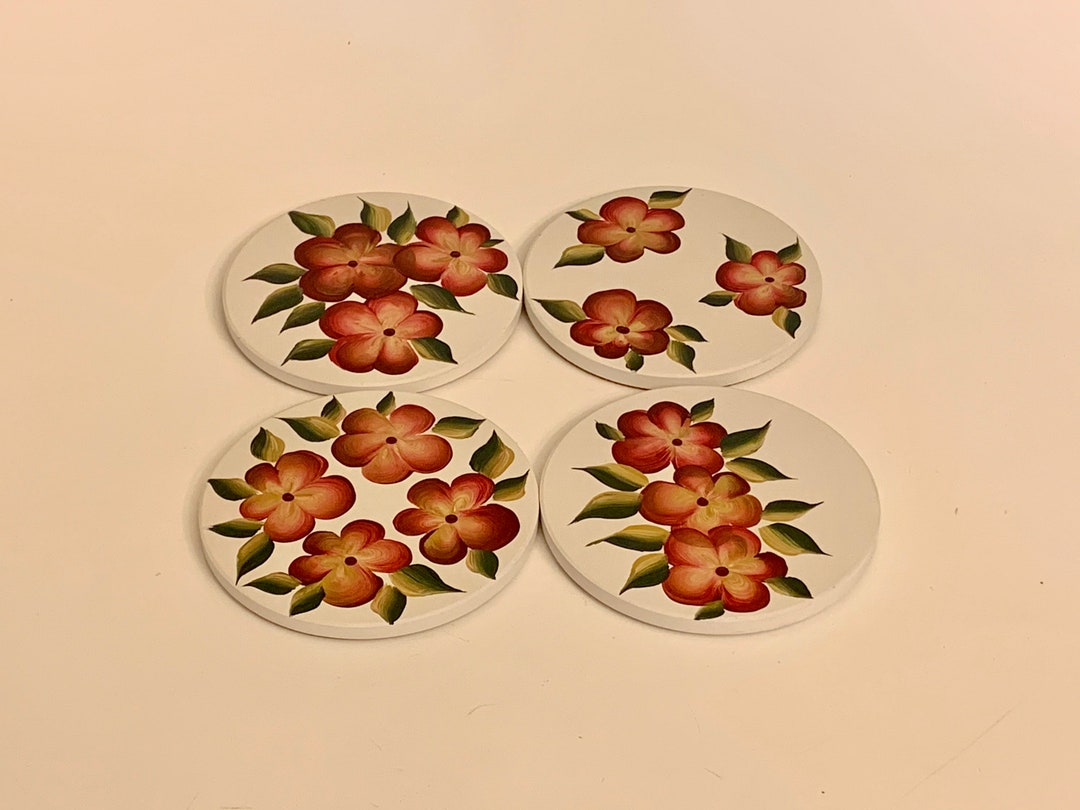 Hand Painted Coasters With Burgundy Gold Flowers, Ceramic Coasters ...