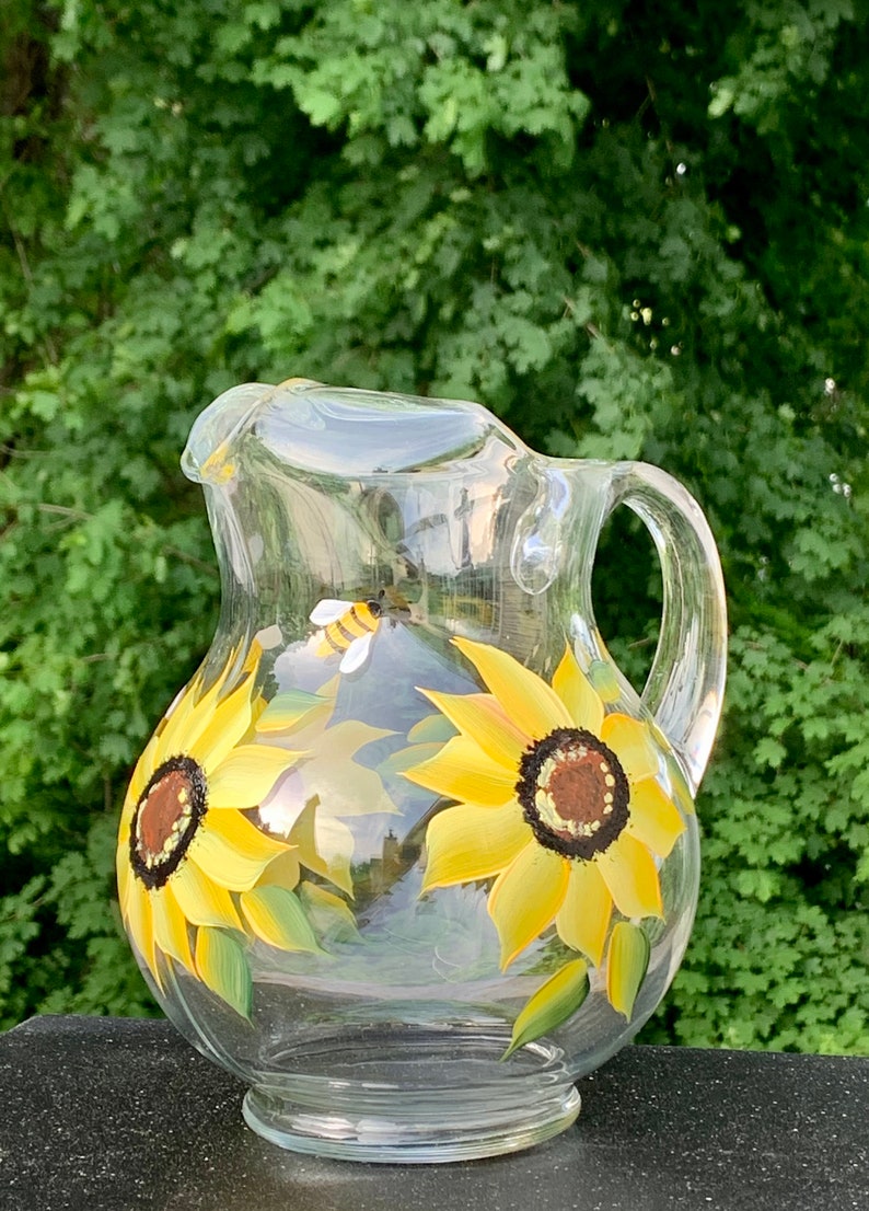 Hand Painted Glass Pitcher Sunflowers Bees, Sangria Pitcher Godmother ...