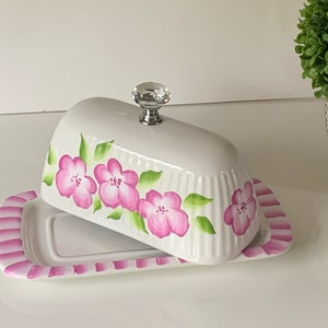 Painted Ceramic Butter Dish Pink Flowers, Covered Butter Dish, Butter ...