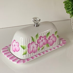 Painted Ceramic Butter Dish Pink Flowers, Covered Butter Dish, Butter ...