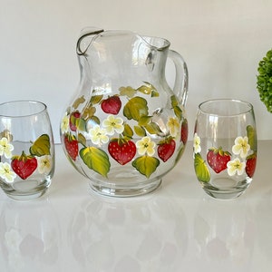 Strawberry Glass Pitcher Set Painted Stemless Wine Glasses, Step Mom ...