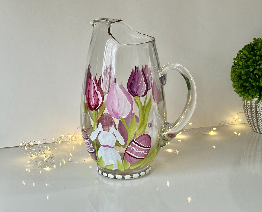 Painted Glass Easter Pitcher Cute Bunny Tulips Easter Eggs, Spring ...