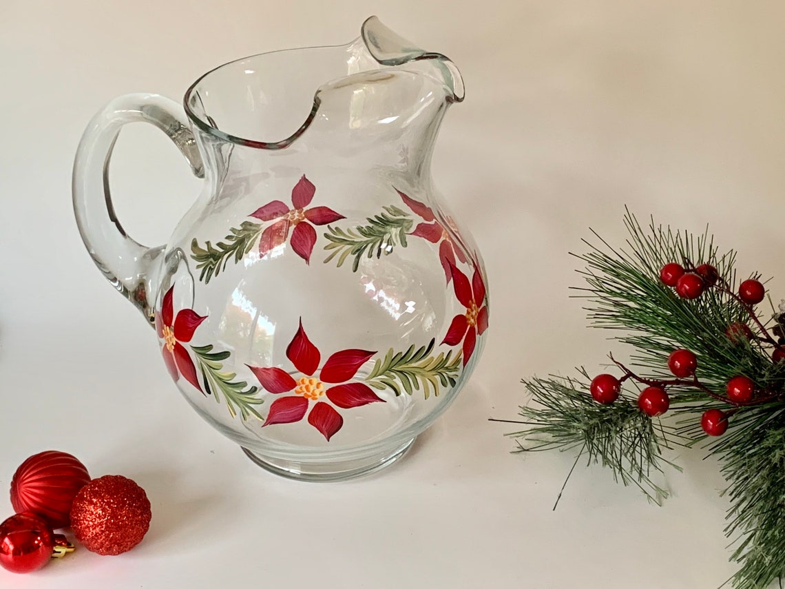 Hand Painted Glass Pitcher Set With Christmas Poinsettia - Etsy