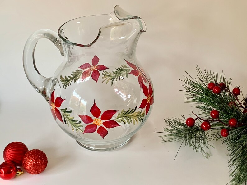 Hand Painted Glass Pitcher Set With Christmas Poinsettia, Holiday ...
