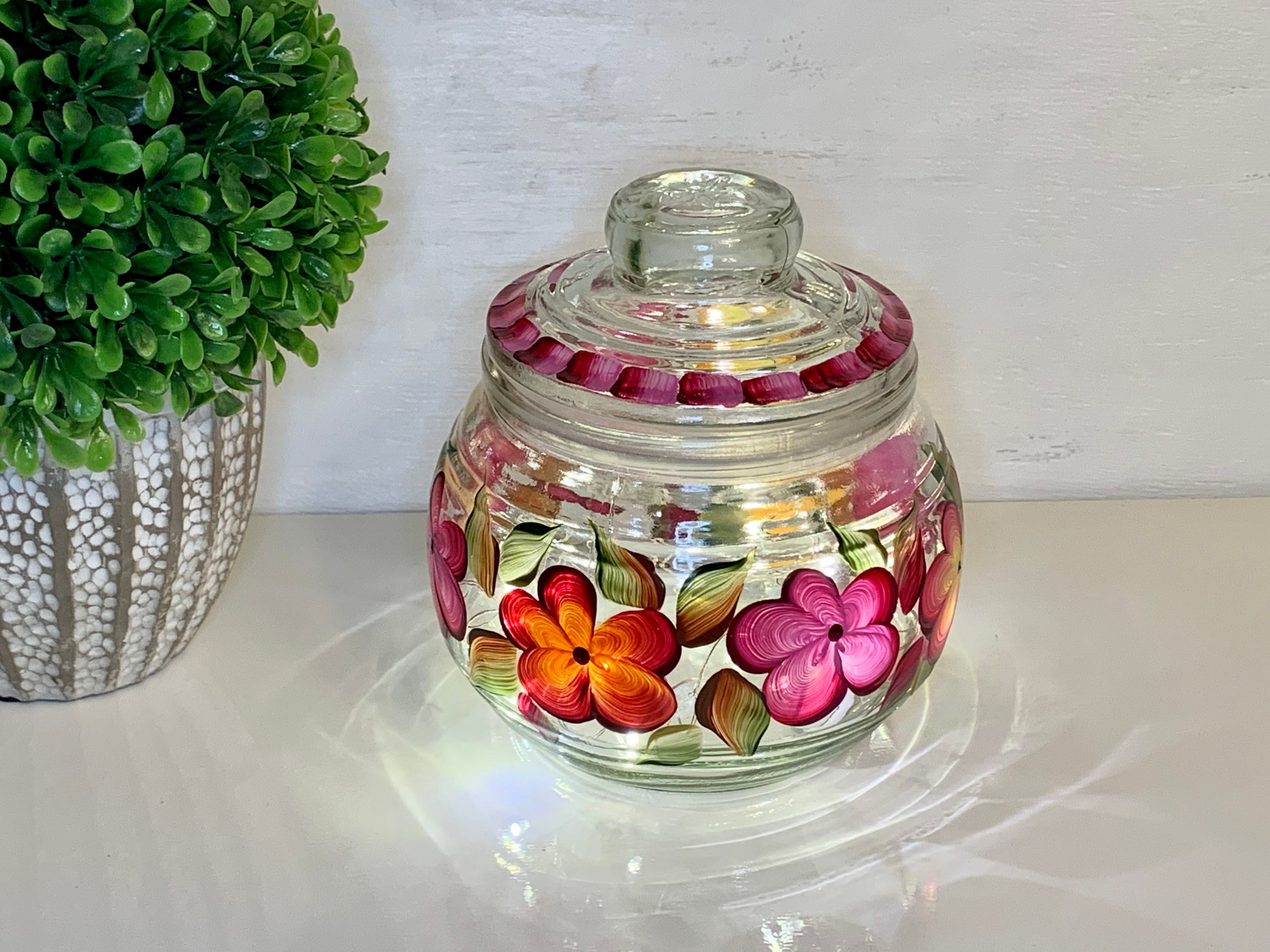 Painted Cookie Jar, Fall Flowers Candy Jar, Glass Jar With Lid, Candle ...