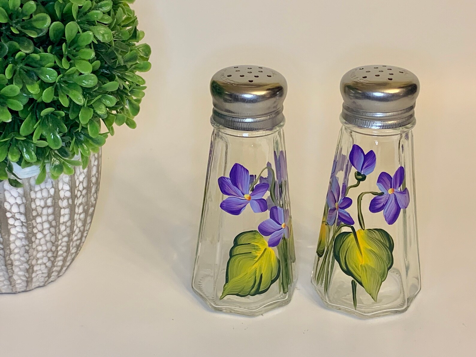 Painted Salt and Pepper Shakers With Violets, Shaker Set, Glass Shakers ...