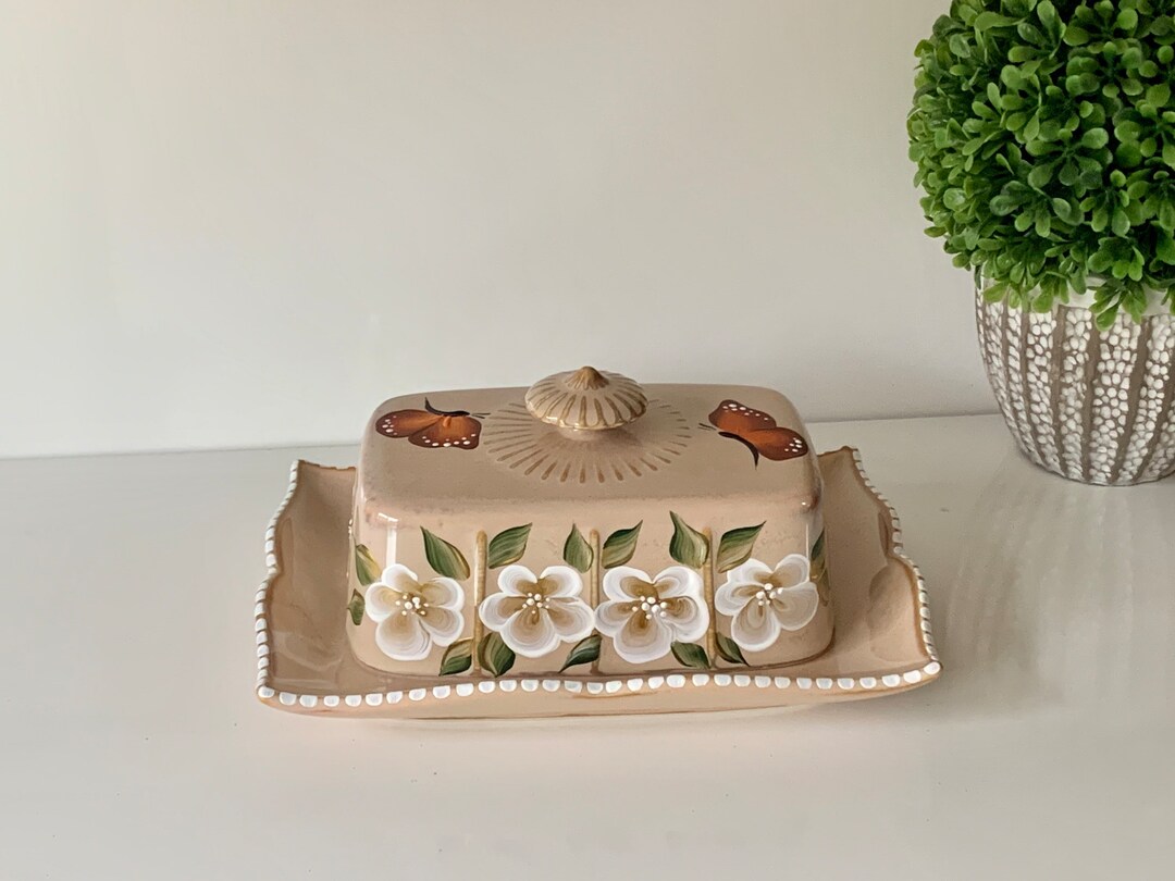 Painted Butter Dish With Monarch Butterflies, White Flowers Ceramic ...