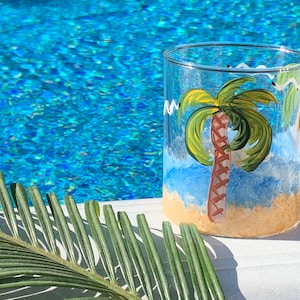 Hand Painted Glass Pitcher Set, Ocean Scene, Tropical Pitcher Set, Palm ...