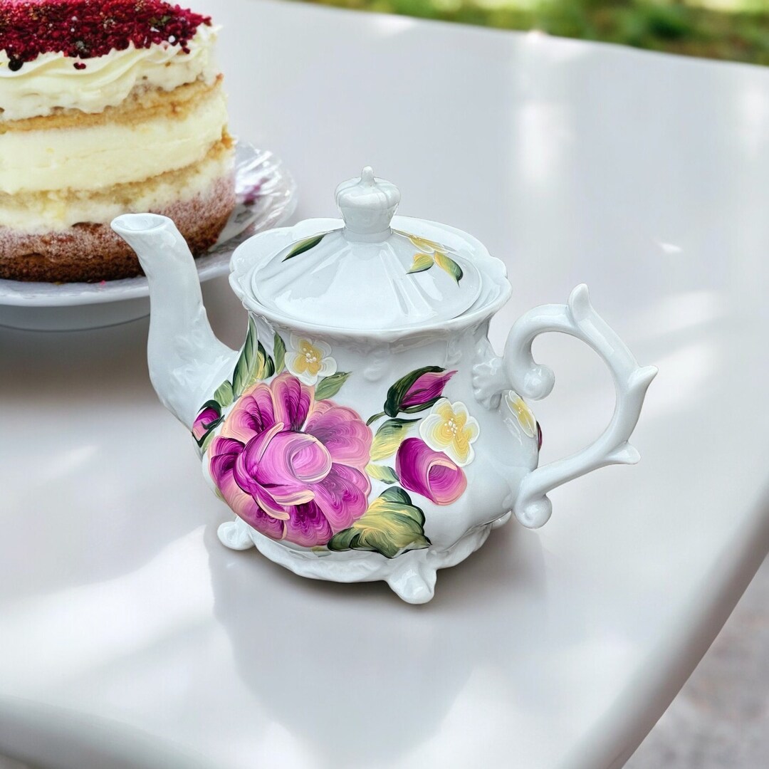 Painted Floral Ceramic Teapot Wedding Gift, Victorian Roses Teapot Vase ...