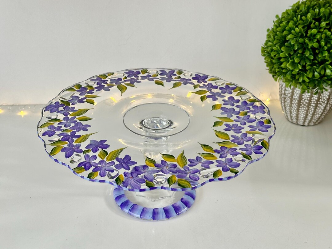 Painted Glass Cake Stand Violets, Wedding Cupcake Stand, Violets Mother ...