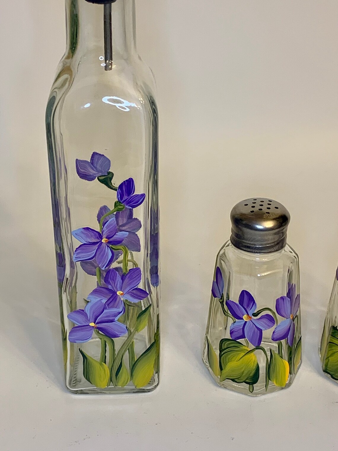 Painted Salt and Pepper Shakers With Violets, Shaker Set, Glass Shakers ...