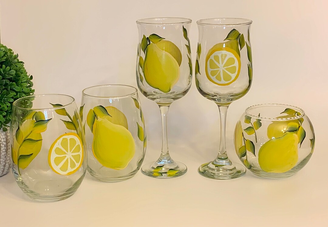 Painted Wine Glasses, Lemons and Lemon Slices, Sister in Law Gift ...