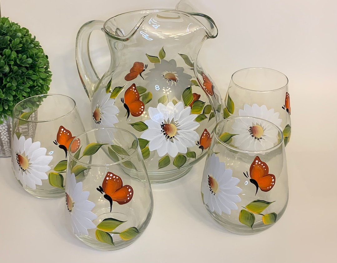 Butterfly Glass Pitcher Set, Painted Stemless Wine Glasses Daisy ...