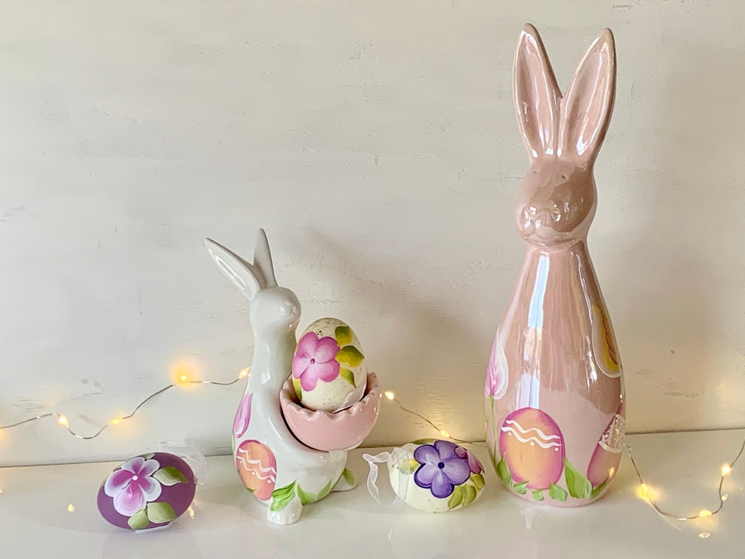 Hand Painted Easter Bunny With Tulips Easter Eggs, Ceramic Bunny, Cute ...