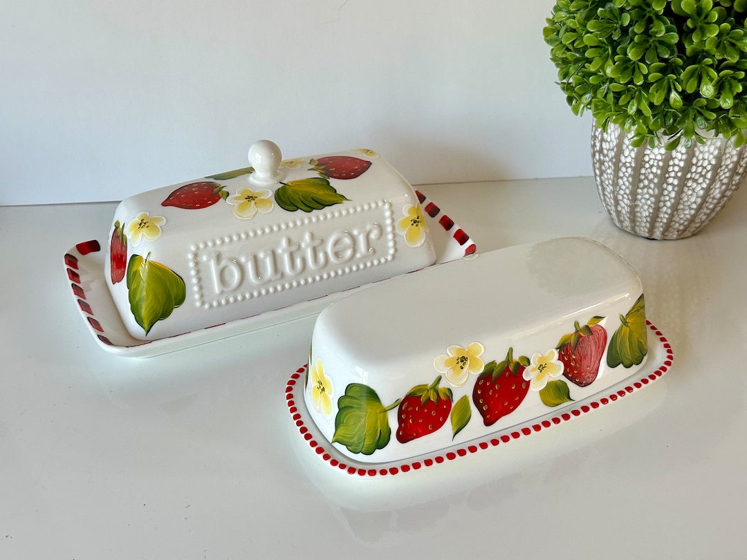 Hand Painted Ceramic Butter Dish, Strawberry Butter Dish With Lid ...