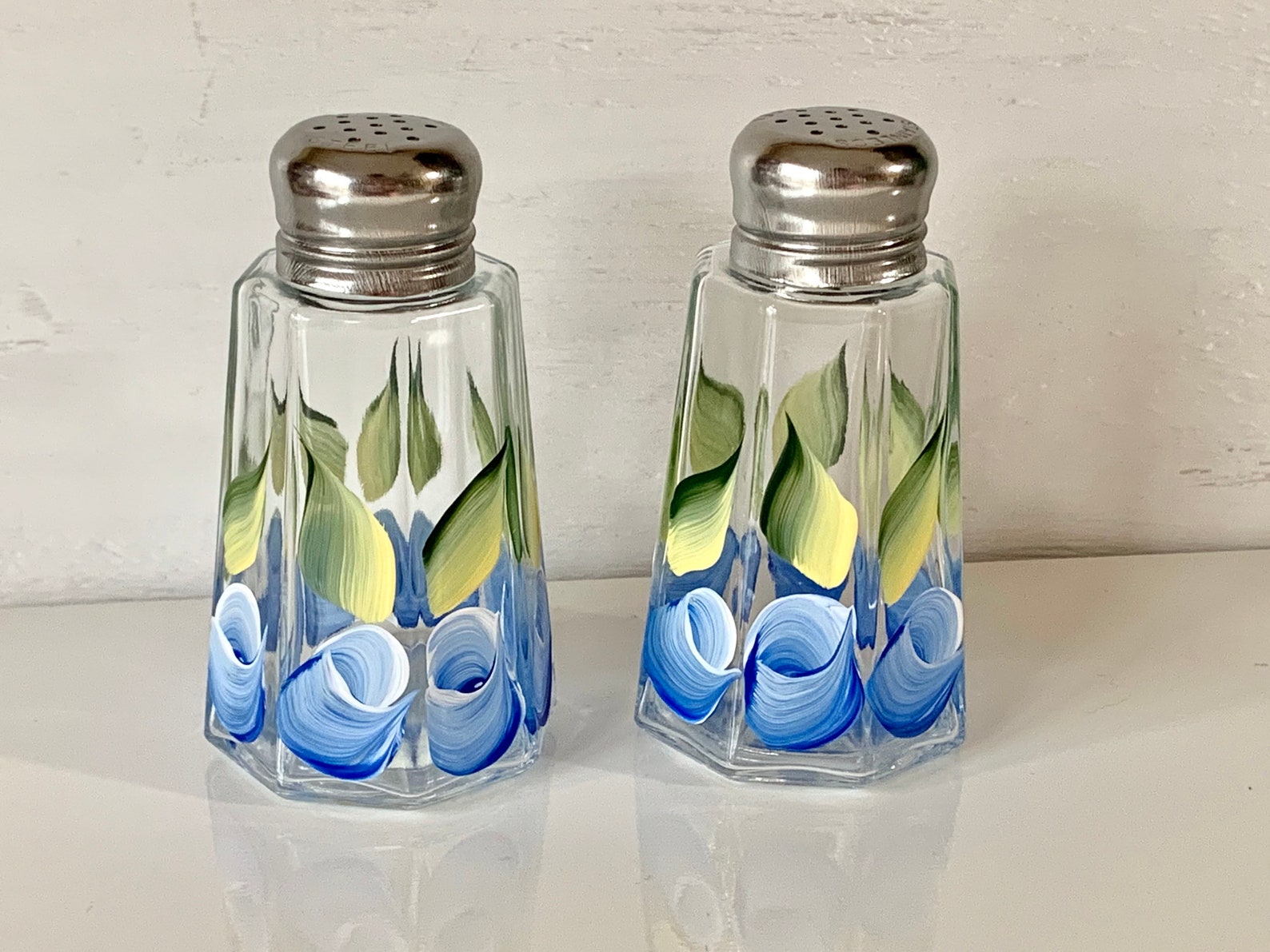 Painted Salt Pepper Shakers Blue Flowers, Glass Shaker Set Blue Roses ...