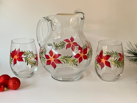 Hand Painted Glass Pitcher Set With Christmas Poinsettia - Etsy
