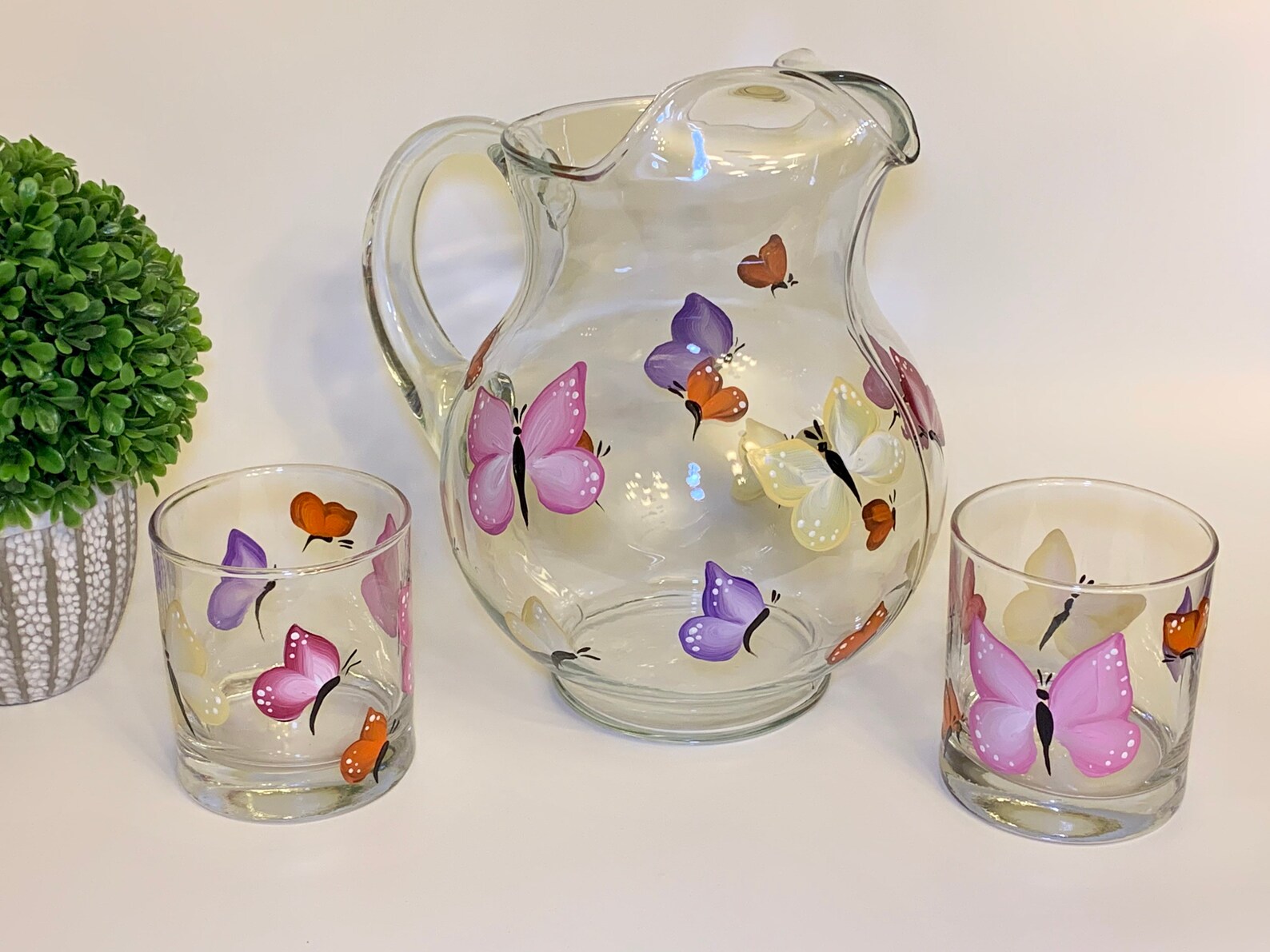 Butterfly Glass Pitcher Set Painted Wine Glasses Goblet Set - Etsy