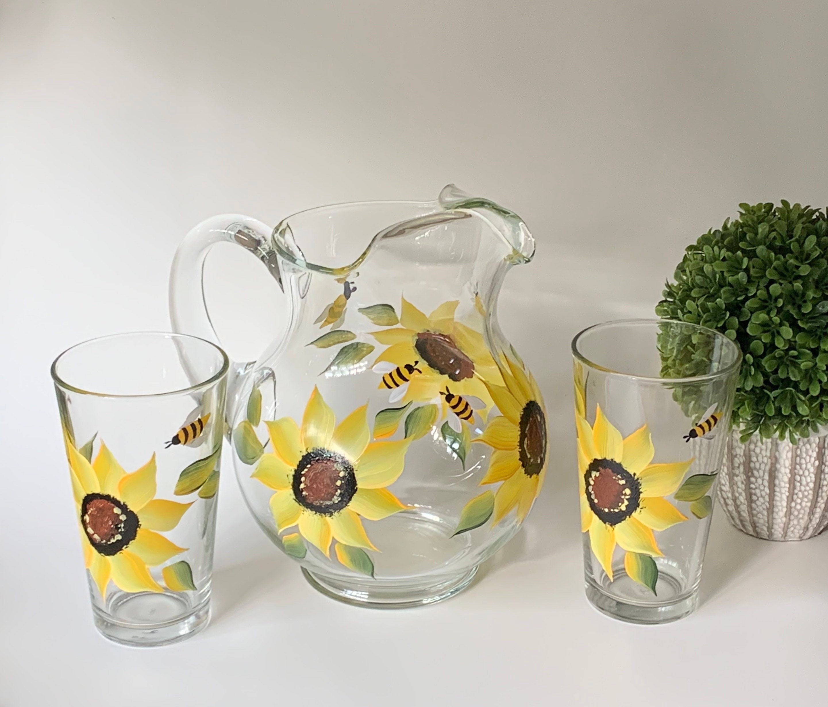 Hand Painted Glass Pitcher Sunflowers Bees, Sangria Pitcher Godmother ...