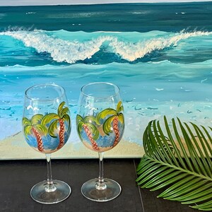 Hand Painted Glass Pitcher Set, Ocean Scene, Tropical Pitcher Set, Palm ...