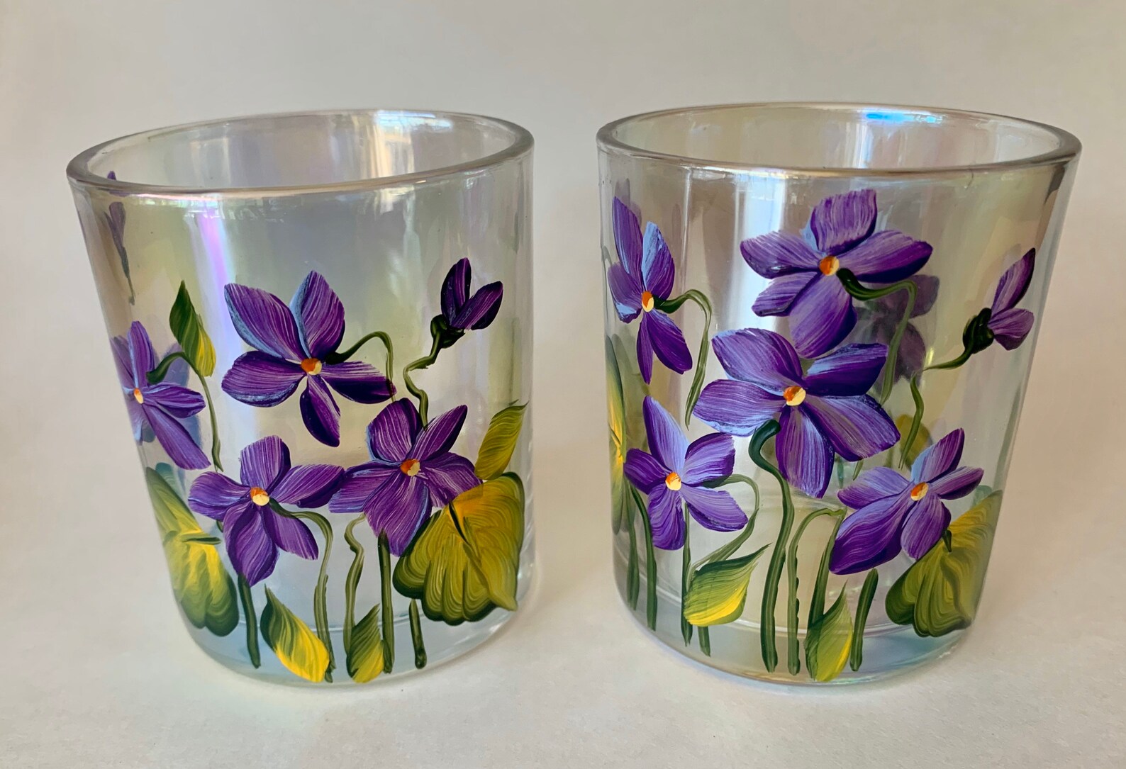 Painted Candle Holder With Violets on an Iridescent Glass, Great for ...