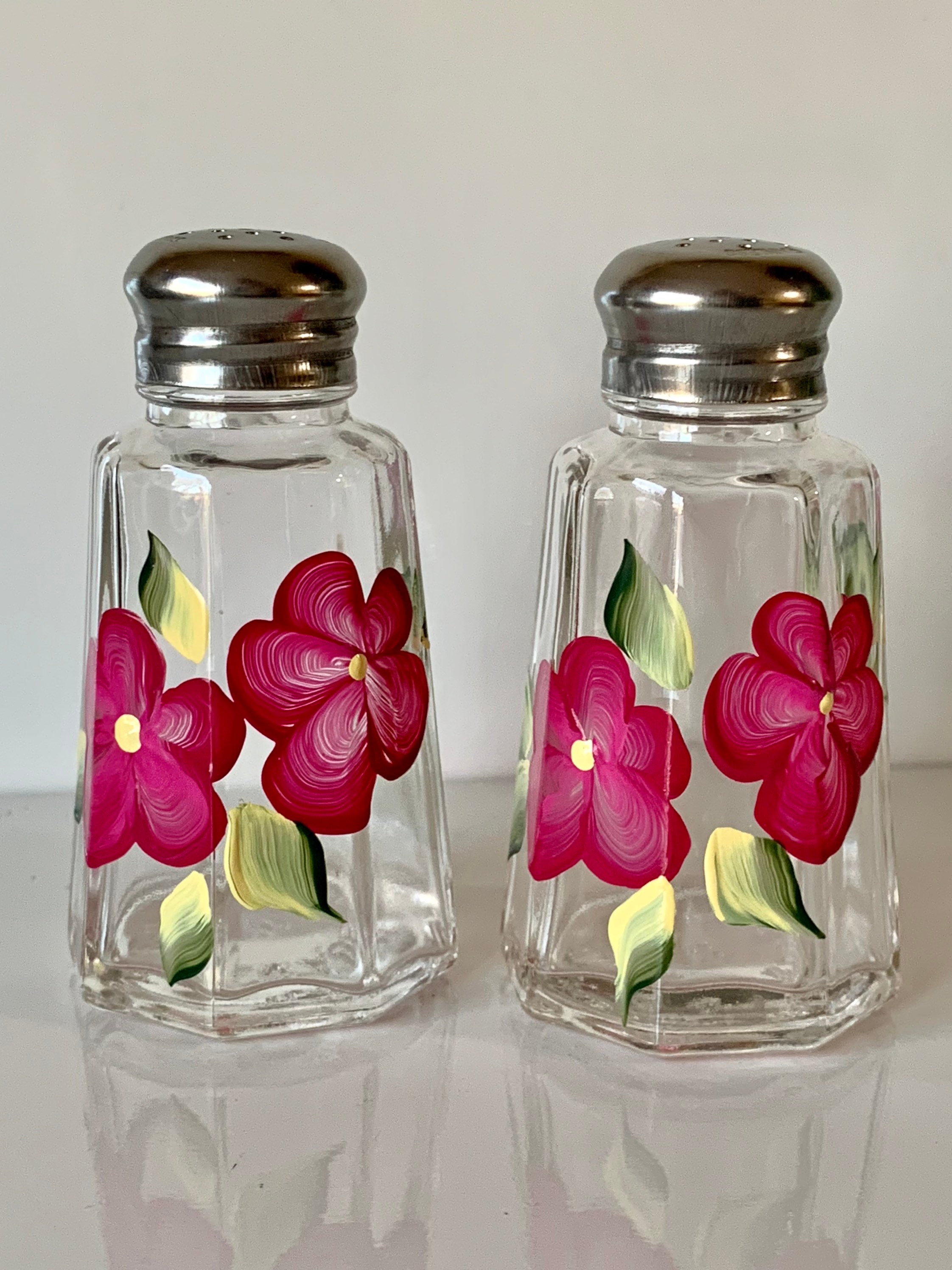 Hand Painted Salt and Pepper Shakers, Magenta Floral Glass Shaker Set ...