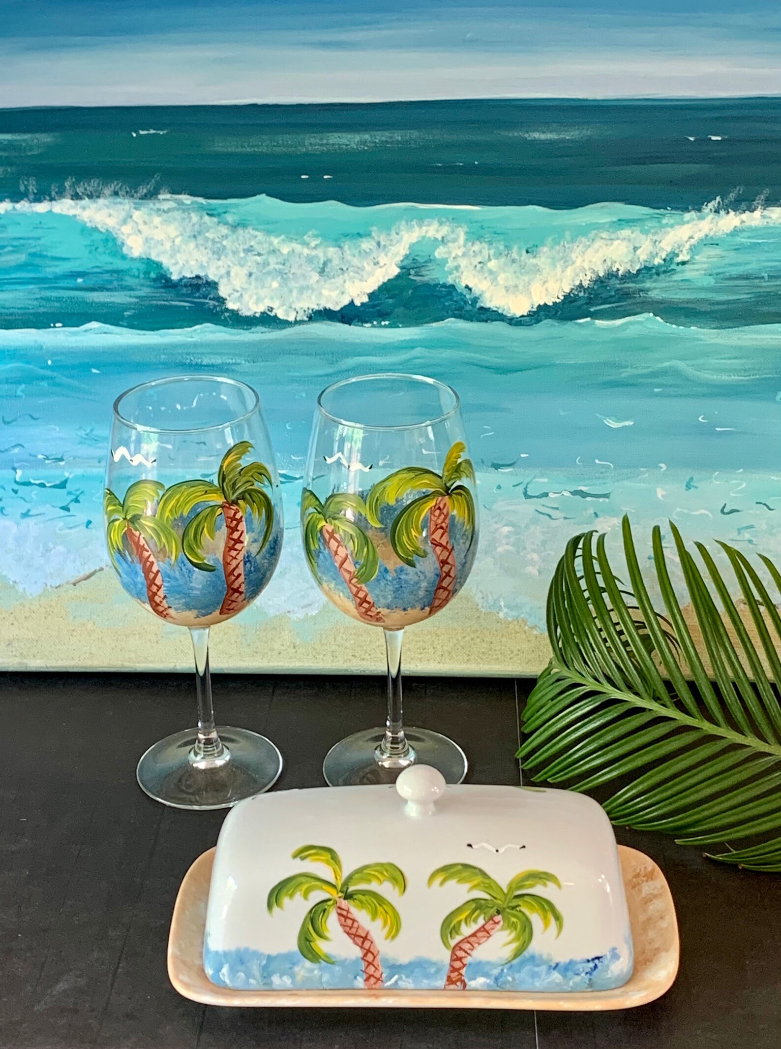 Hand Painted Glass Pitcher Set, Ocean Scene, Tropical Pitcher Set, Palm ...
