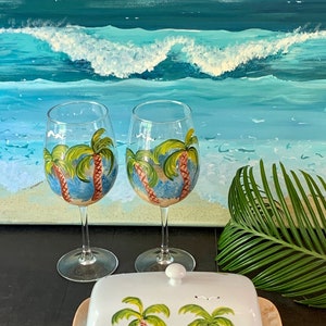 Hand Painted Glass Pitcher Set, Ocean Scene, Tropical Pitcher Set, Palm ...